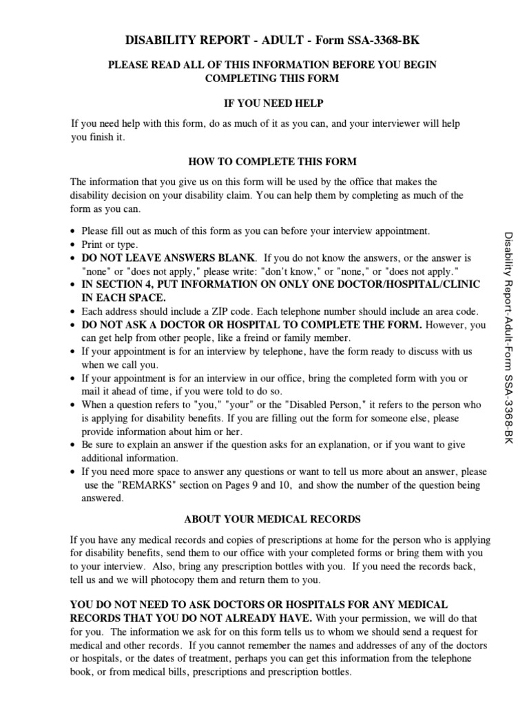 Disability Report - Adult - Form SSA-3368-BK | PDF
