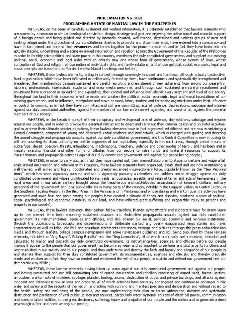 Proclamation No. 1081 | Rebellions | Manila