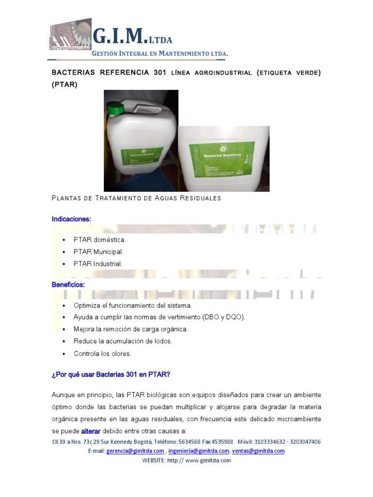 ficha tecnica bacterias PTAR ref 301-301ps-101.pdf | Hidrocarburos | Tanque séptico | Prueba ...