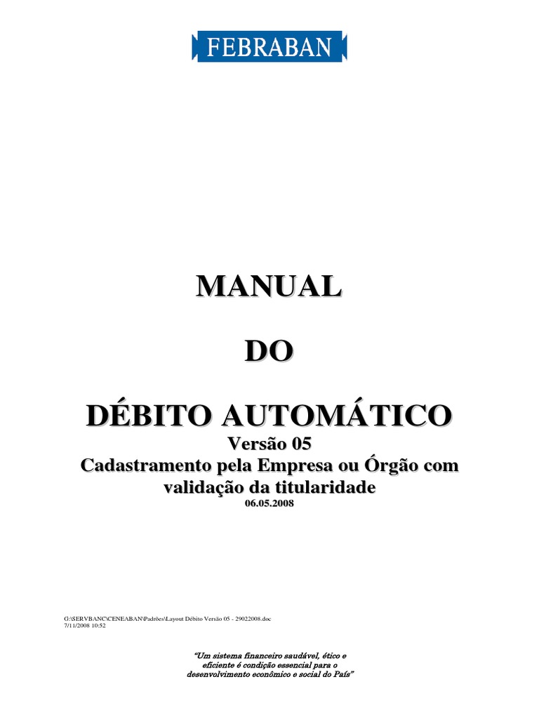 Layout Padrão FEBRABAN de Débito Automático - Versão 5 PDF | PDF ...