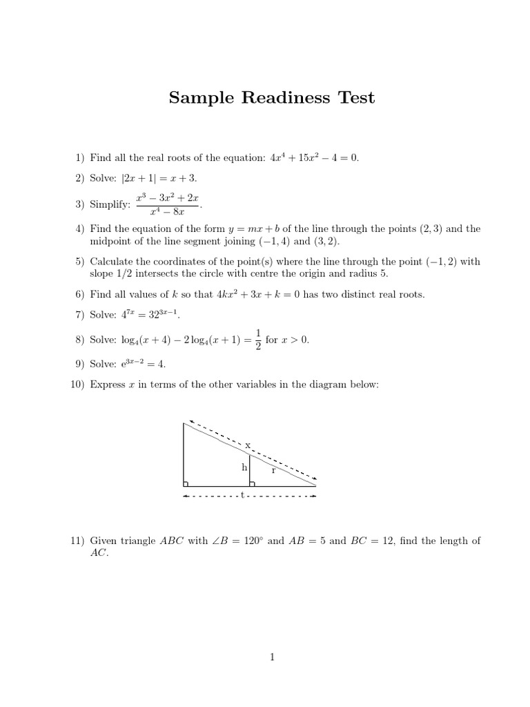 University Math Readiness Test | PDF | Circle | Square Root