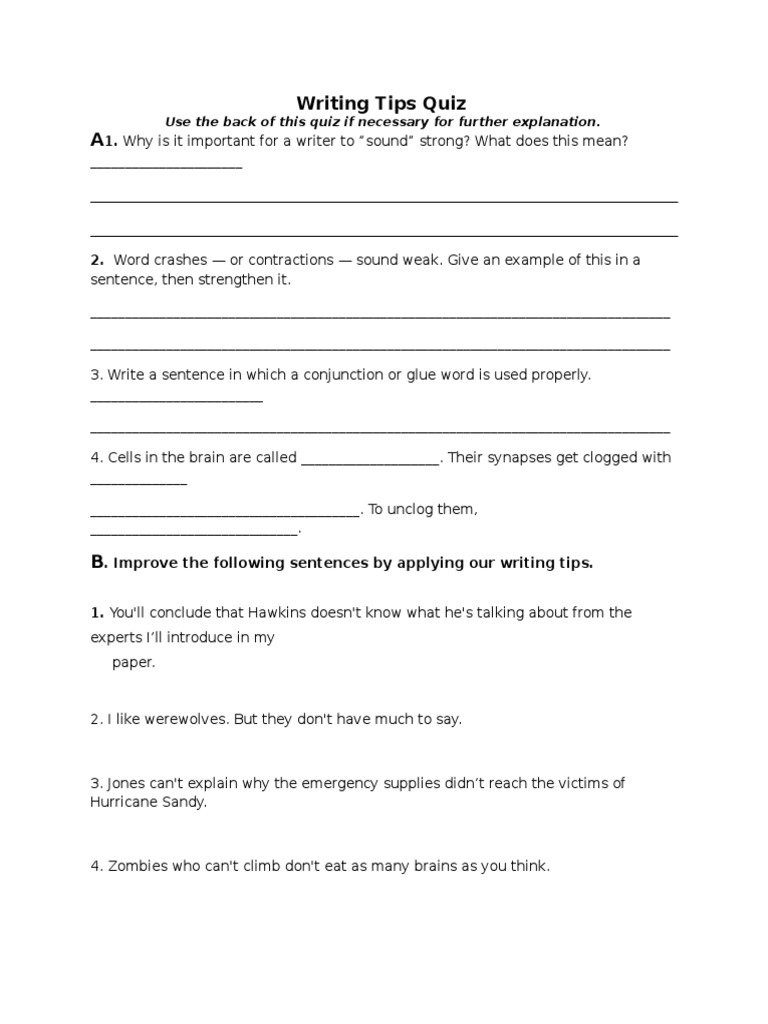 Writing Tips Quiz A: Use The Back of This Quiz If Necessary For Further ...