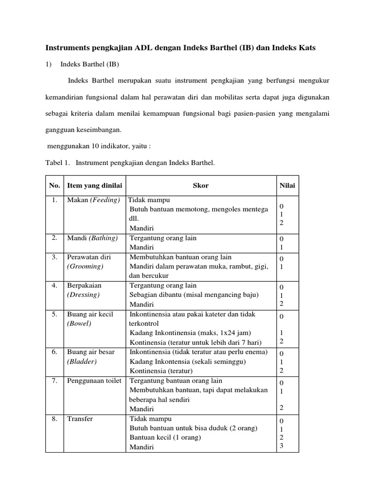 Instruments Pengkajian ADL Dengan Indeks Barthel | PDF