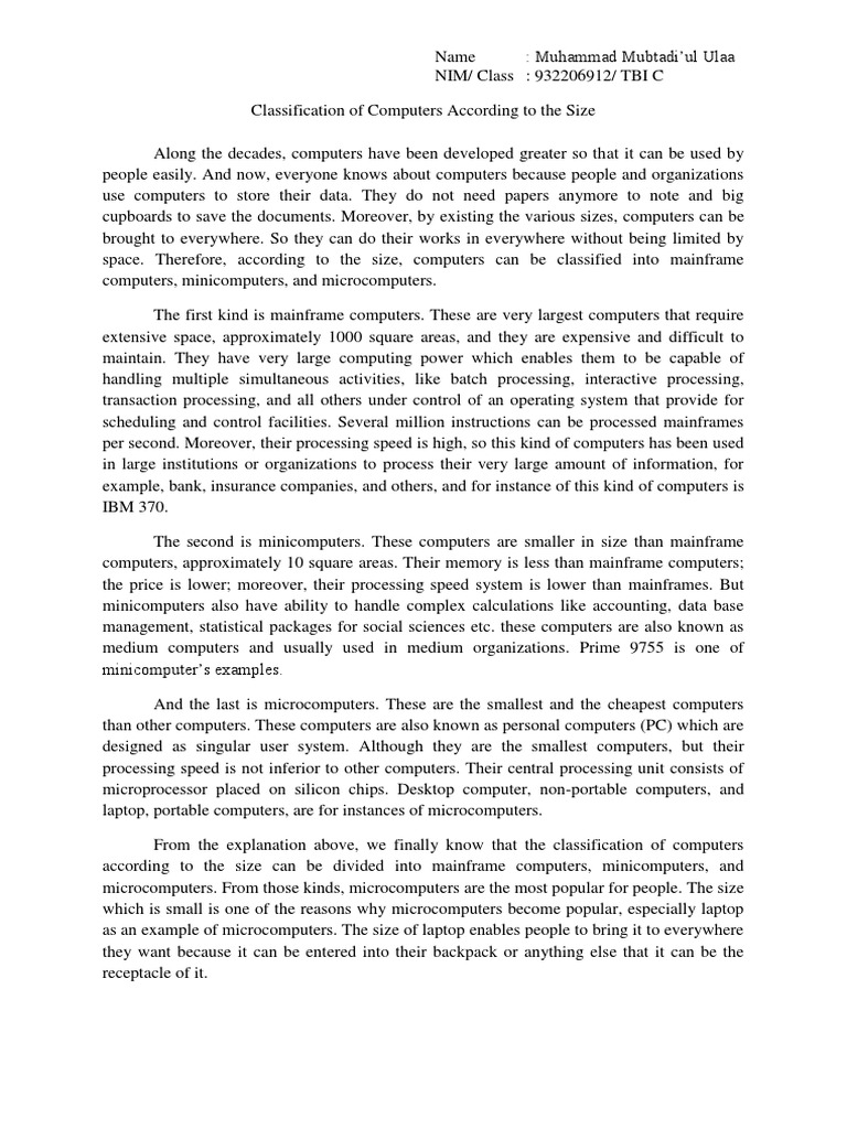 Example of Classification Essay | PDF | Microcomputers | Mainframe Computer Example of Classification Essay | PDF | Microcomputers | Mainframe Computer