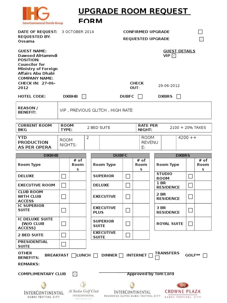 Upgrade Room Request Form - IHG | PDF