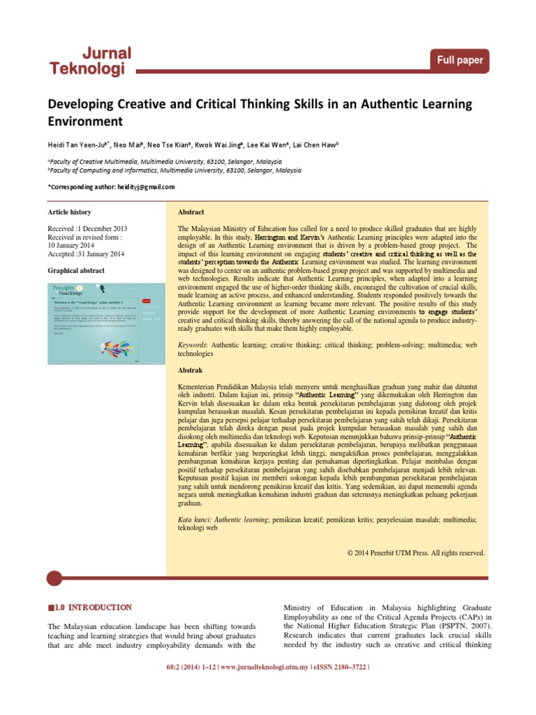 Developing Creative and Critical Thinking Skills in An Authentic ...