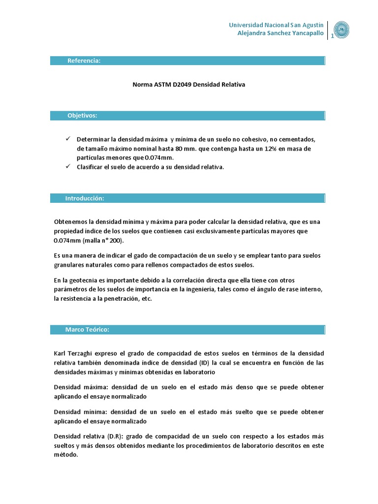 Norma ASTM D2049 Densidad Relativa | PDF | Densidad | Mecánica de suelos