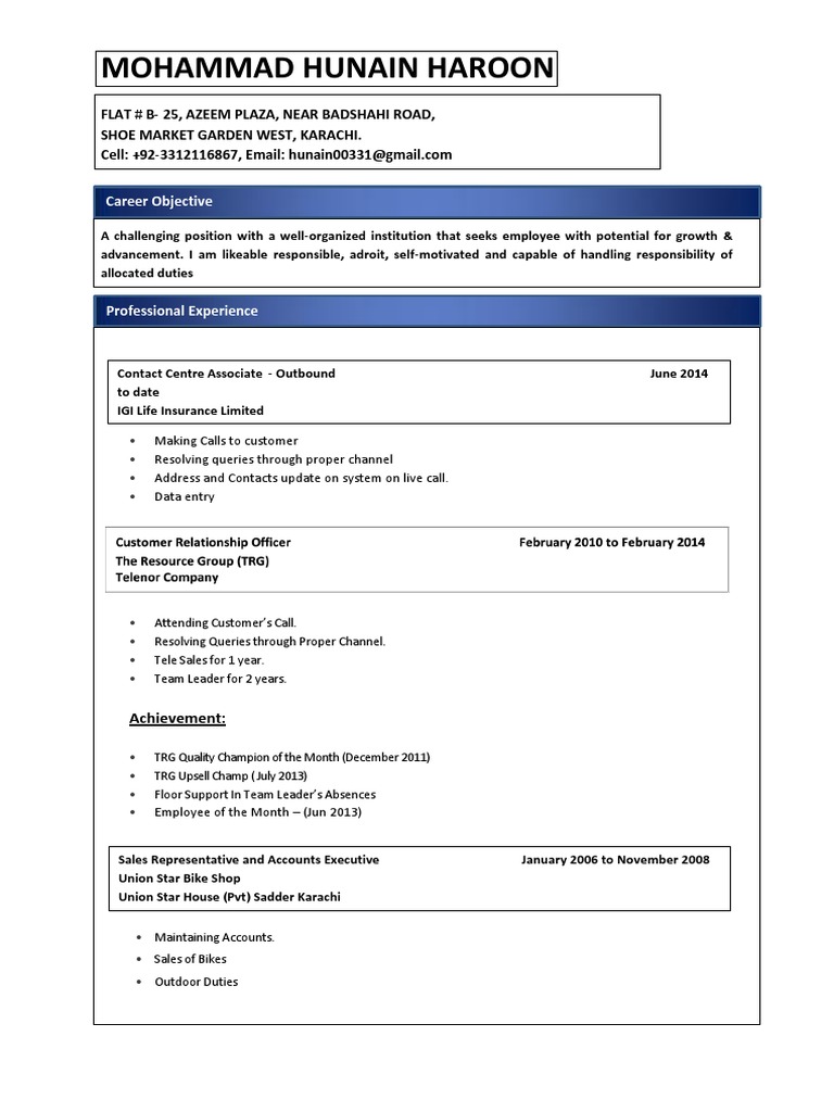 Mohammad Hunain Haroon Resume | PDF | Business | Finance & Money Management