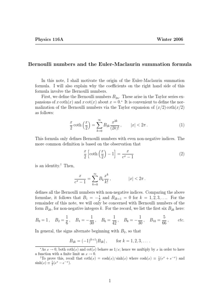 Bernoulli Numbers and The Euler-Maclaurin Summation Formula | PDF | Summation | Integral