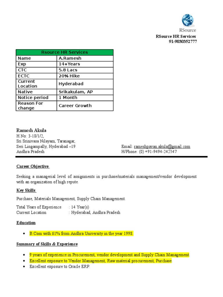 Rsource HR Services 91-9030352777: Ramesh Akula | PDF