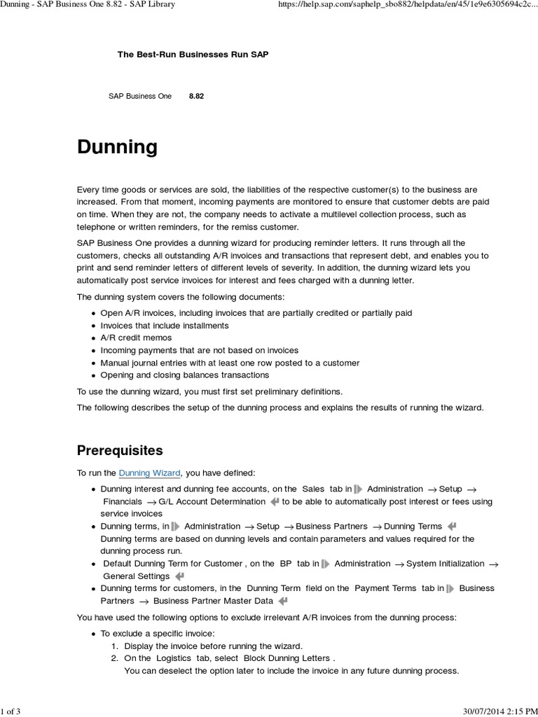 Dunning - SAP Business One 8 | PDF | Invoice | Fee