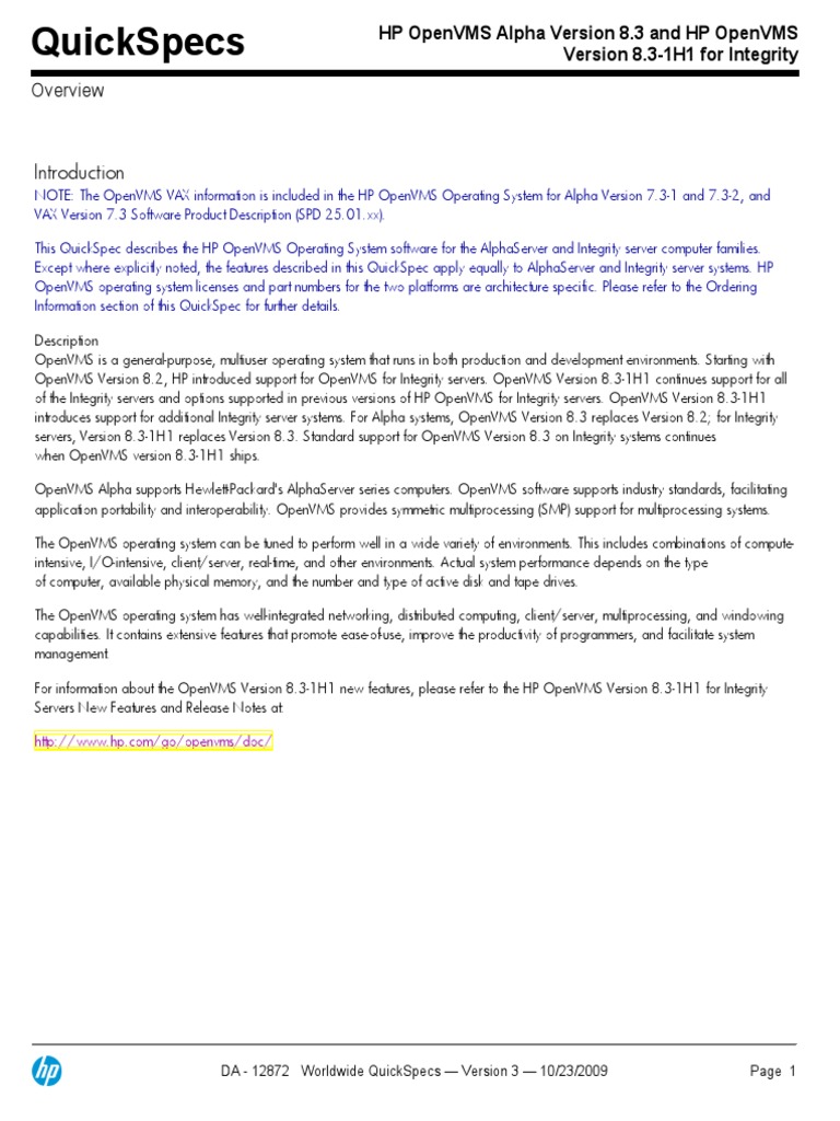 HP OpenVMS Alpha Version 8.3 and HP OpenVMS Version 8.3-1H1 For Integrity | PDF | Thread ...
