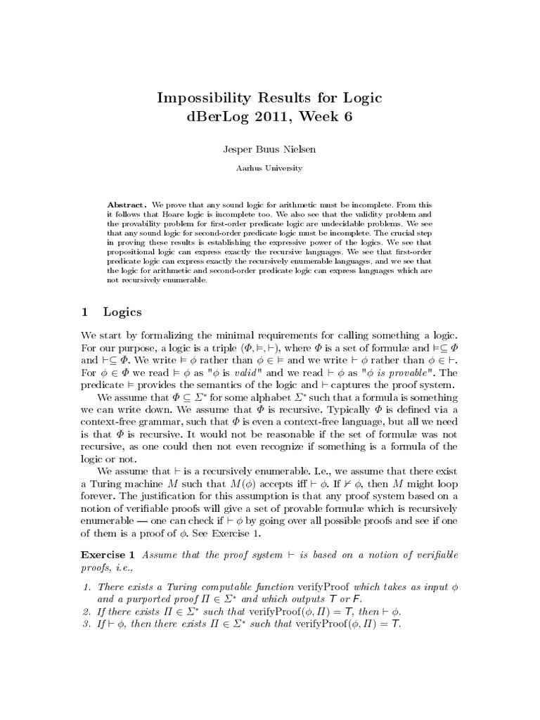 Impossibility Results For Logic Dberlog 2011, Week 6: 1 Logics | PDF ...