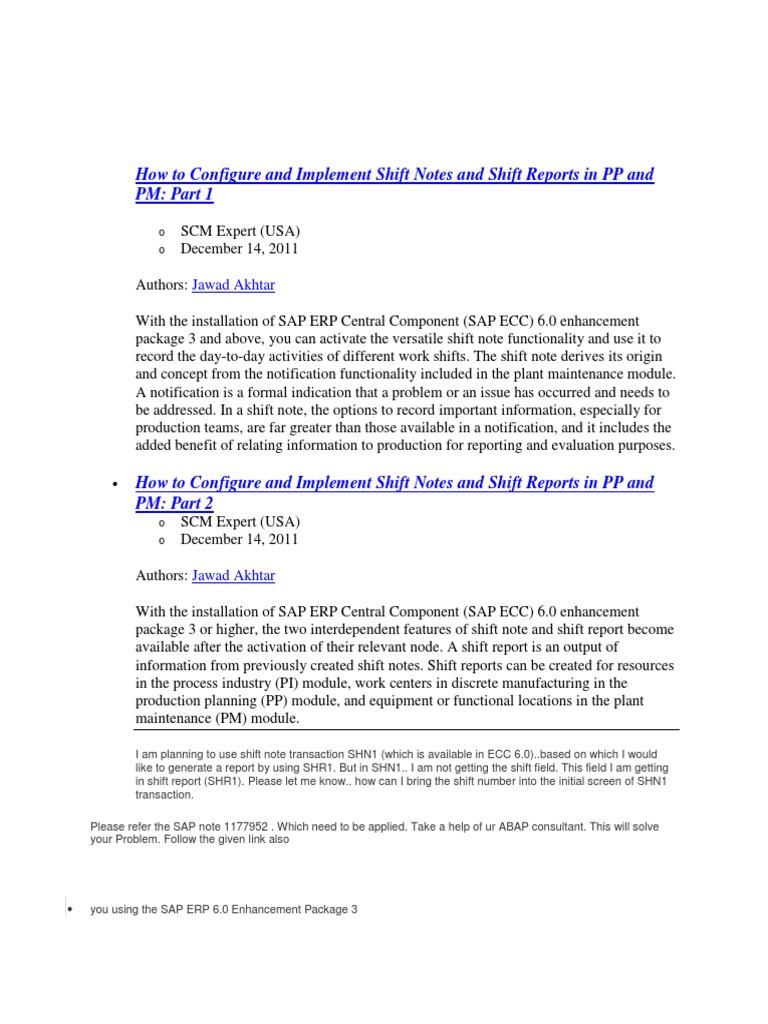 Shift Notes and Shift Reports in PP and PM | Download Free PDF ...