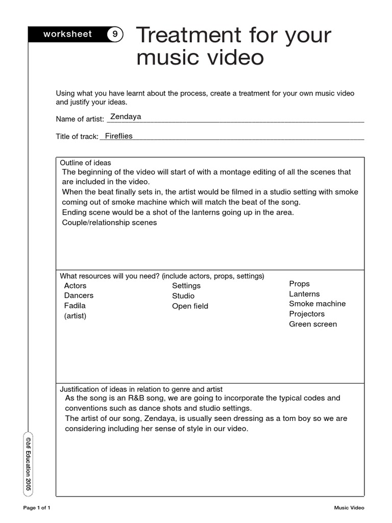 Treatment For Your Music Video: Worksheet | PDF