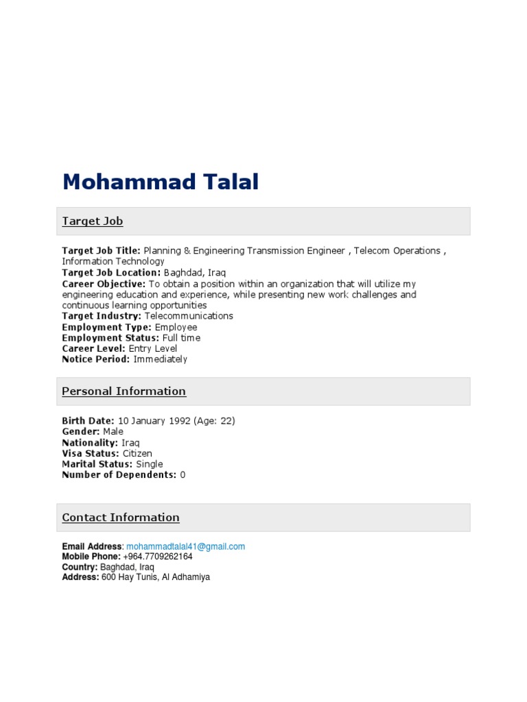 Mohammad Talal: Telecom Engineer Profile | PDF | Technology & Engineering