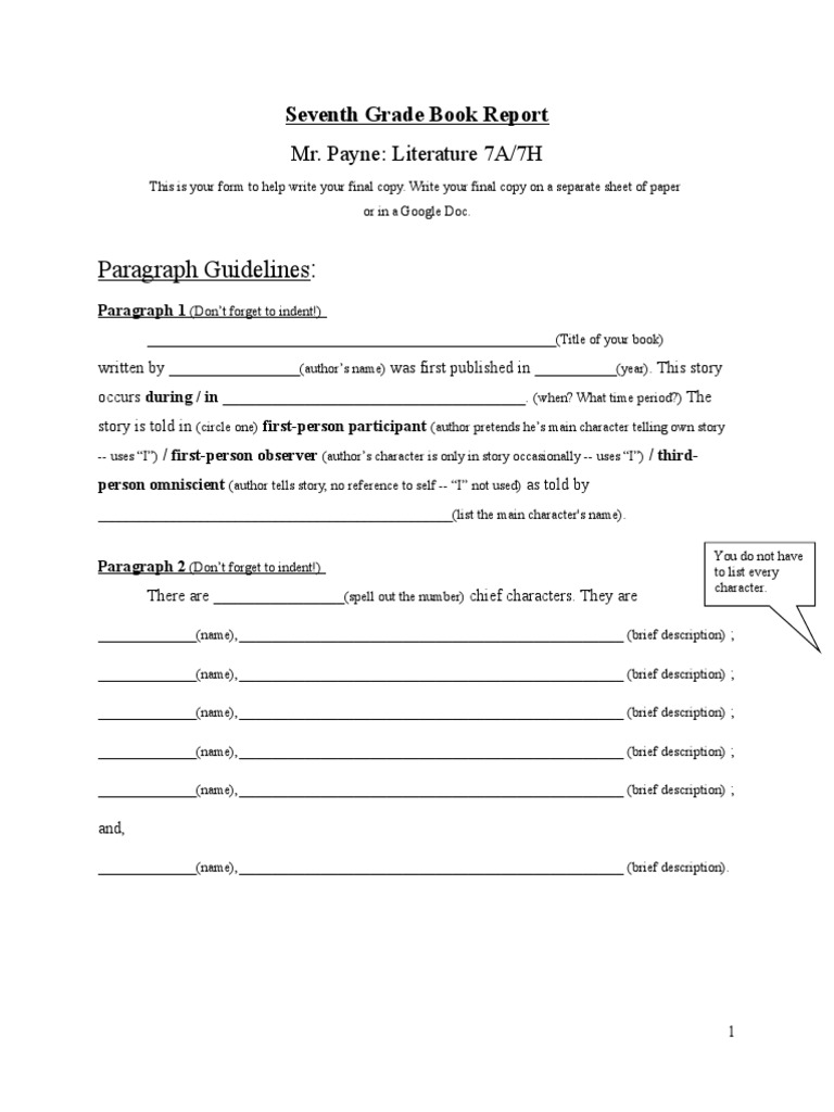 7th Grade Book Report Form | PDF | Paragraph | Feeling