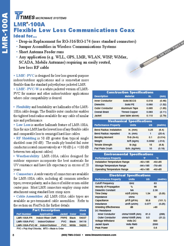 LMR - 100A Flexible Low Loss Communications Coax: Times | PDF | Coaxial Cable | Electrical Connector