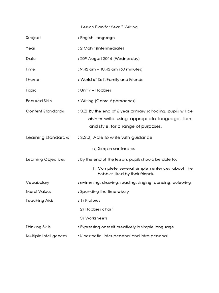 Year 2 Writing Lesson Plan: Hobbies | PDF | Lesson Plan | Semiotics