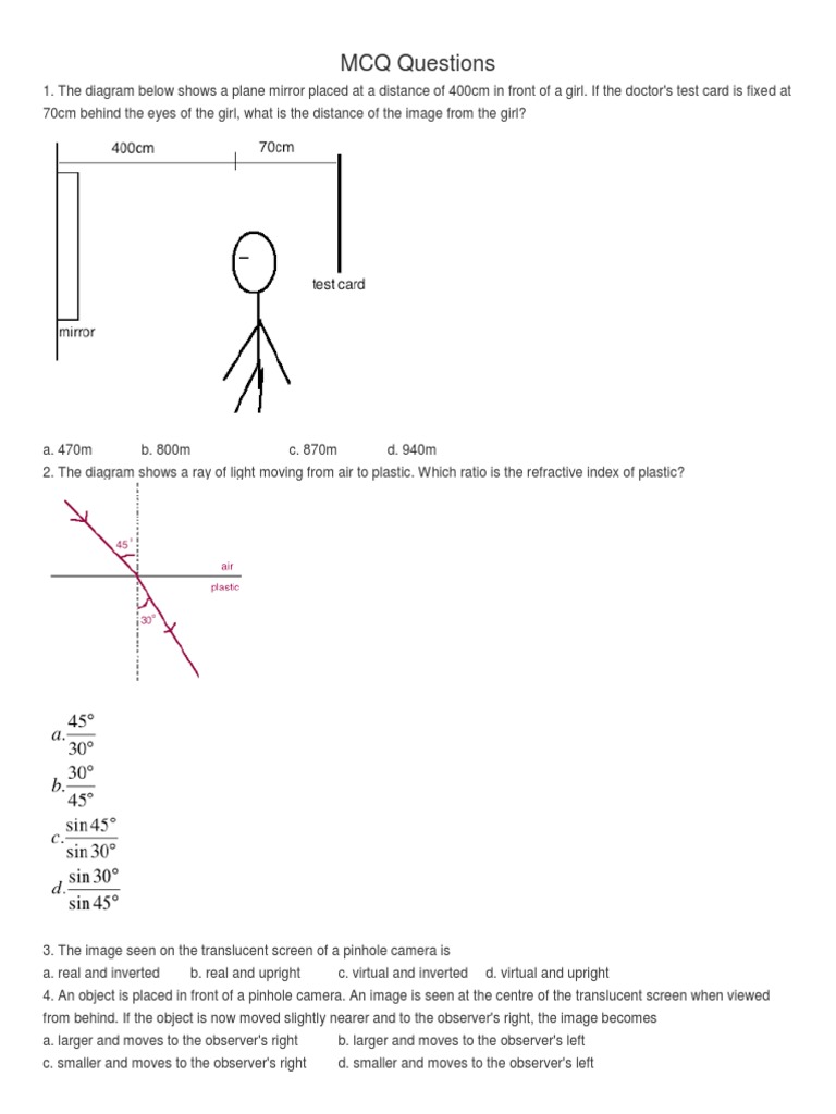 Light MCQ Questions | PDF | Lens (Optics) | Reflection (Physics)