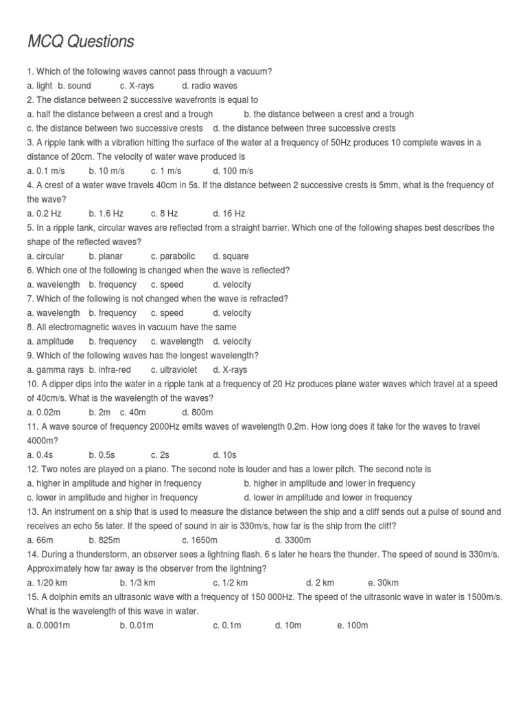 MCQ Wave Motion Questions | PDF | Waves | Sound