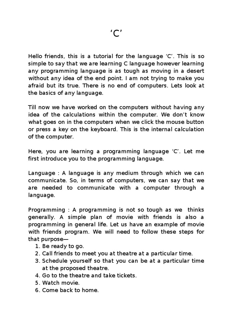 Hello Friends, This Is A Tutorial For The Language C'. | PDF | Computer ...