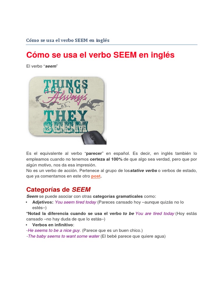 Uso del Verbo "Seem" en Inglés | PDF | Estilo (ficción) | Verbo