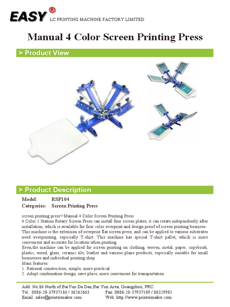 4 Color Screen Printing Press Manual | PDF | Printing | Printing Press