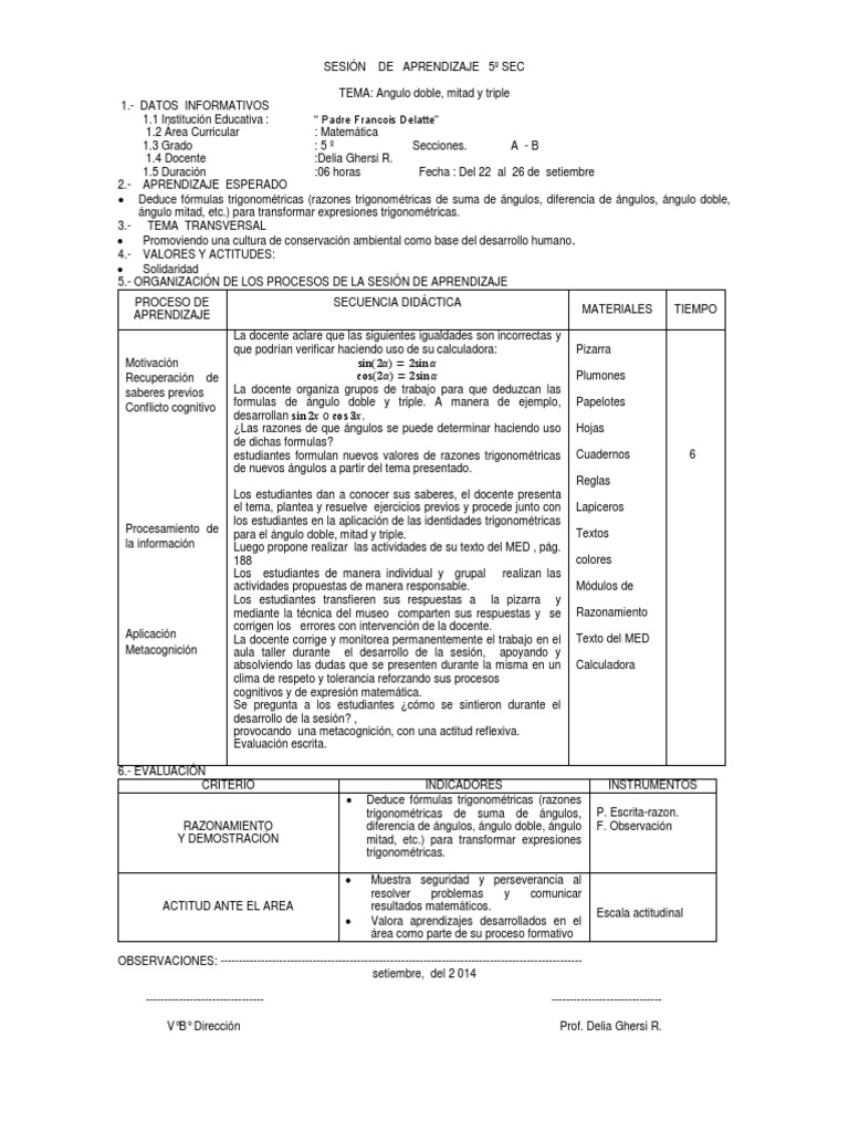 SESIÓN DE APRENDIZAJE 5º SEC. Angulo Doble, Mitad y Triple | PDF | Trigonometría | Maestros