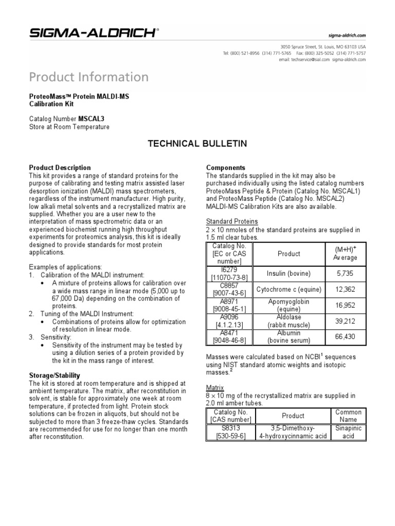 Sigma MALDI Calibration Kit | PDF | Solution | Chemistry