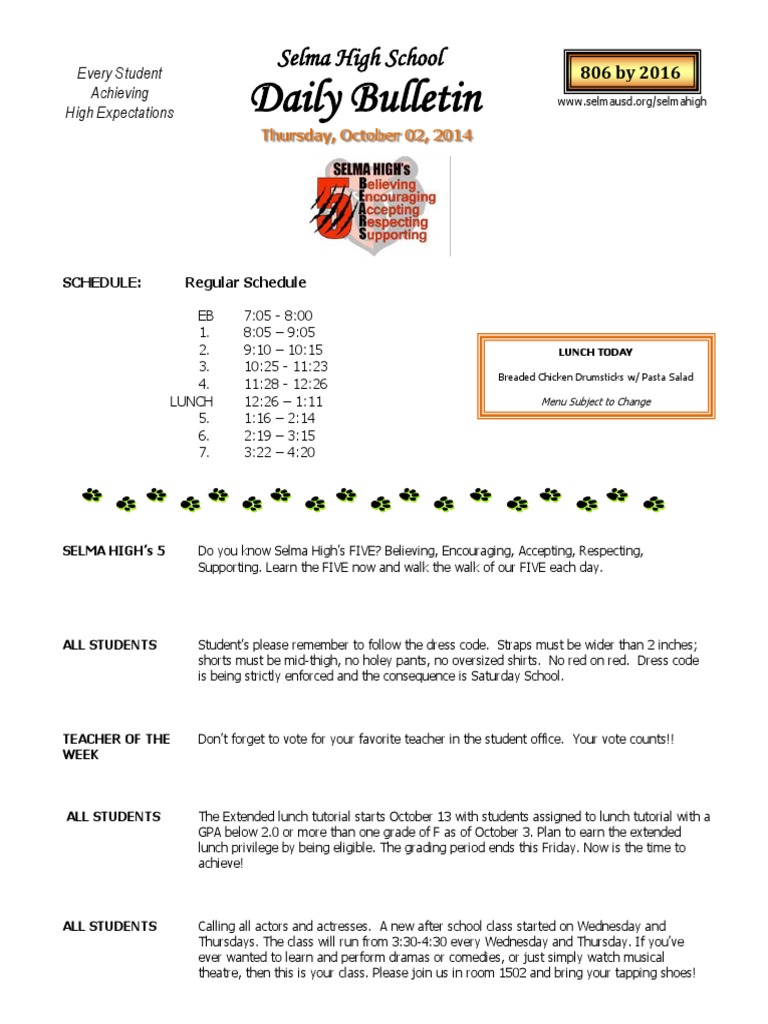 SHS Daily Bulletin 10-2-14 | PDF