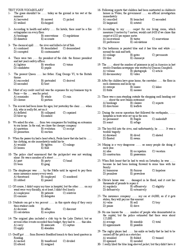 Vocabulary Test Answers | PDF | Business | Nature