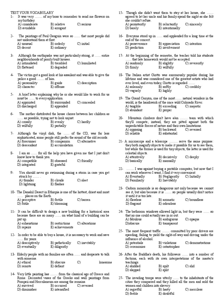 Test Your Vocabulary 1 - It Was Very ......... of My | PDF