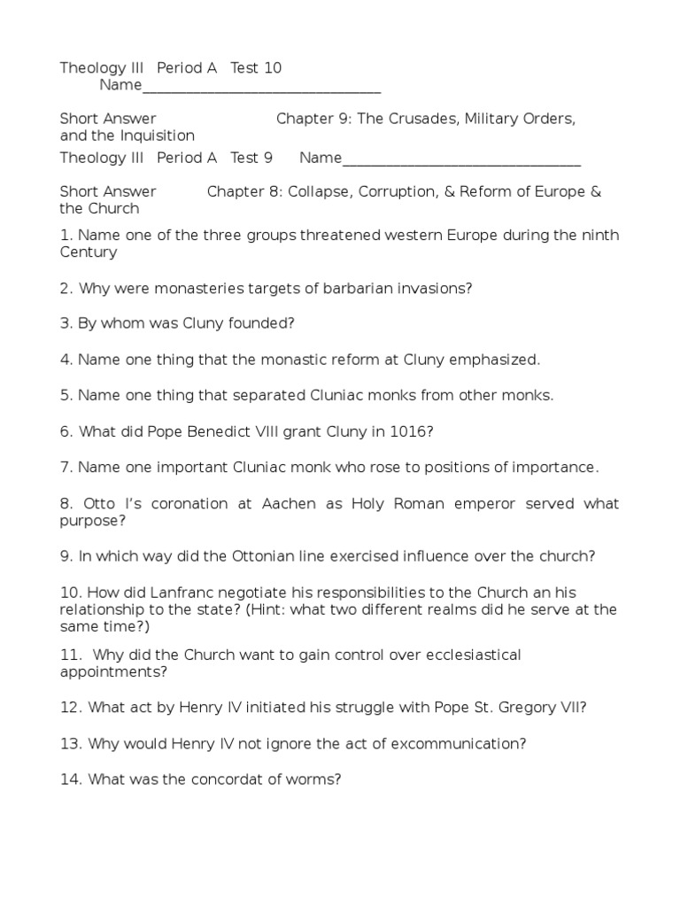 Theology III: Crusades and Church Reform Test | PDF | Middle Ages ...