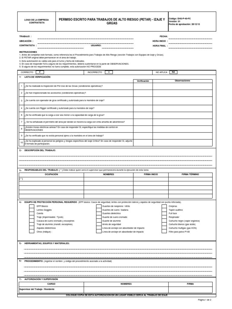 1026-EHS-P-40-FC Permiso Escrito para Trabajos de Alto Riesgo (PETAR) - Izaje y Grúas | PDF ...