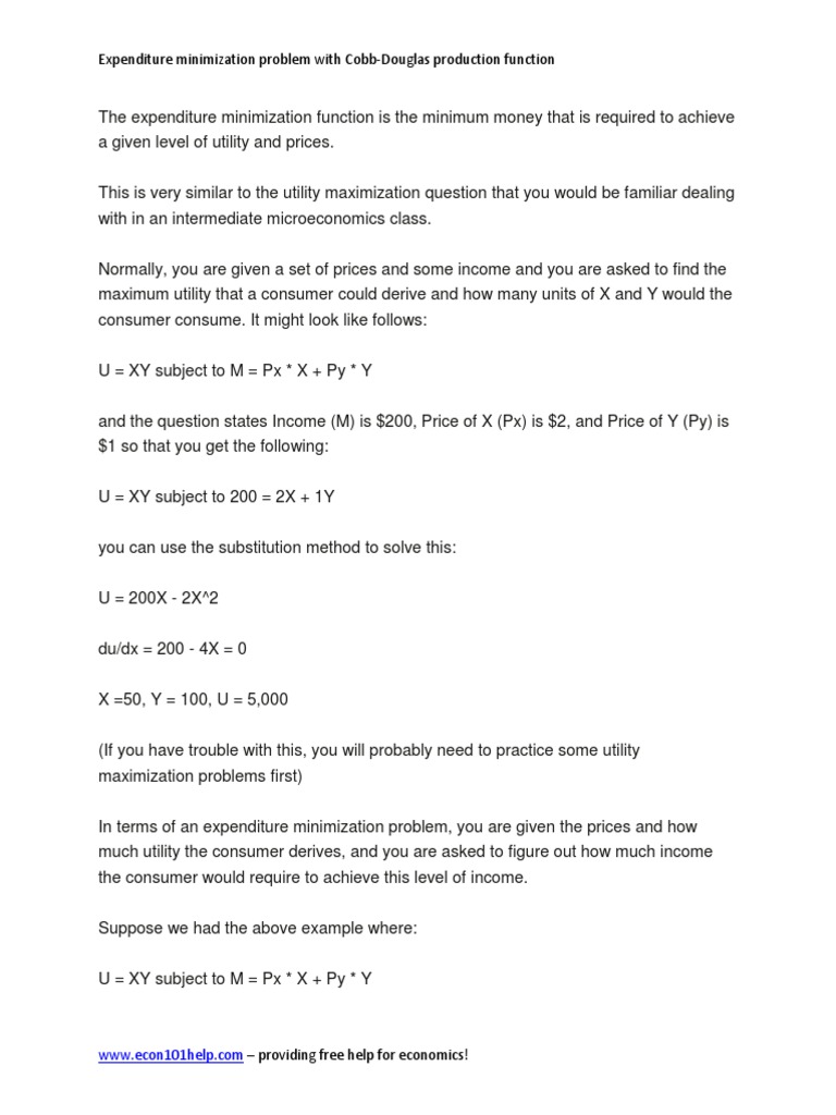Expenditure Minimization Problem Utility Production Function