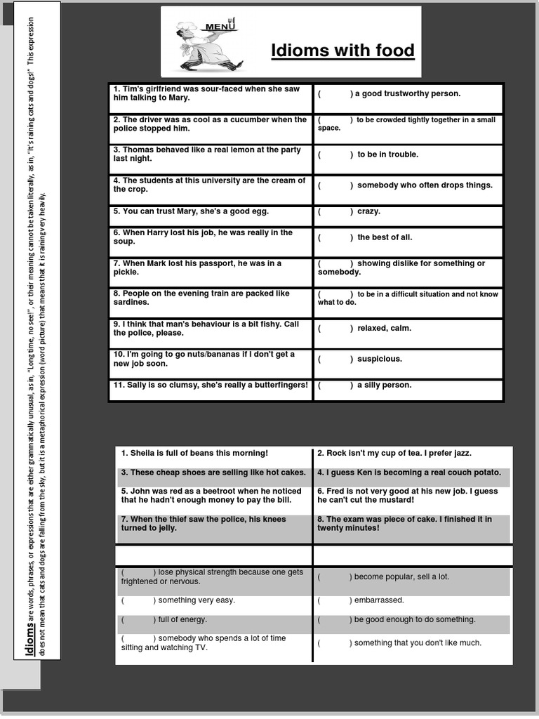 Food Idioms Worksheet | PDF | Leisure