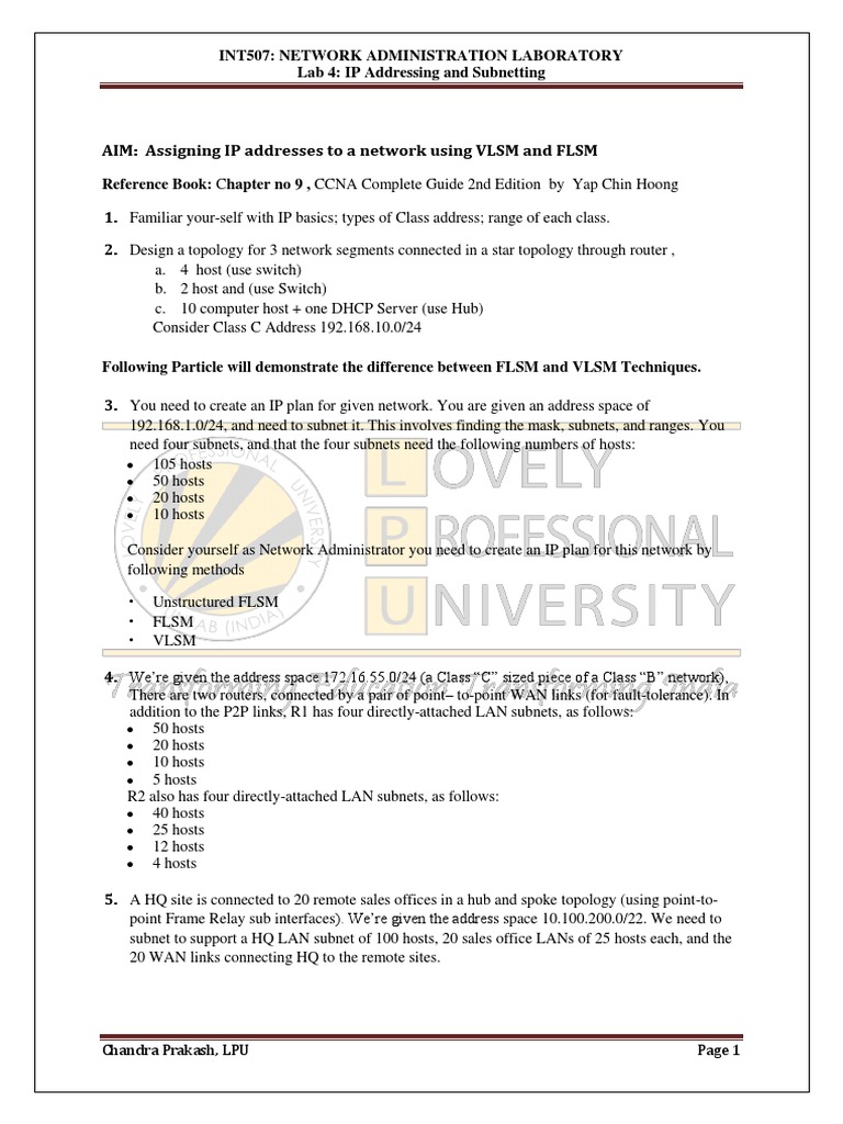 Ip Addressing With 192 168 100 0 Subnetting Pdf Ip Address