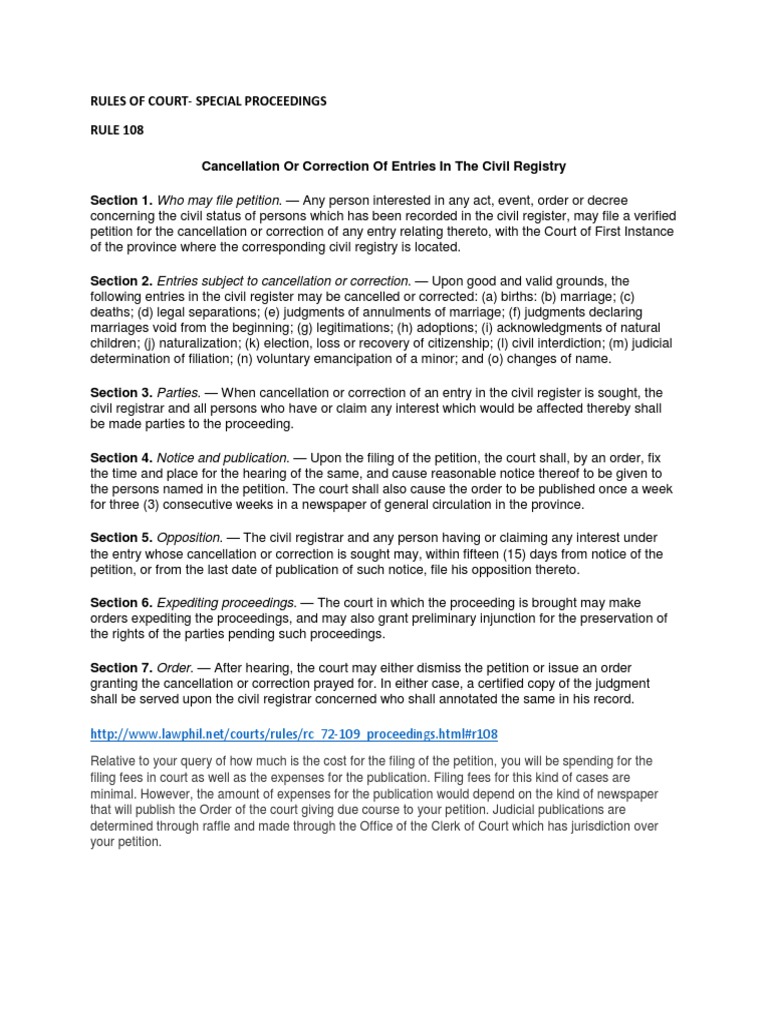 Rules of Court Special Proceedings - Rule 108 | PDF | Judgment (Law ...