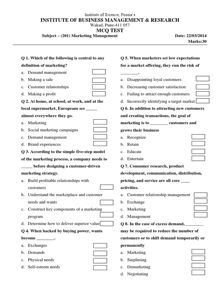 Marketing Management MCQ Question Paper | PDF | Marketing | Customer ...