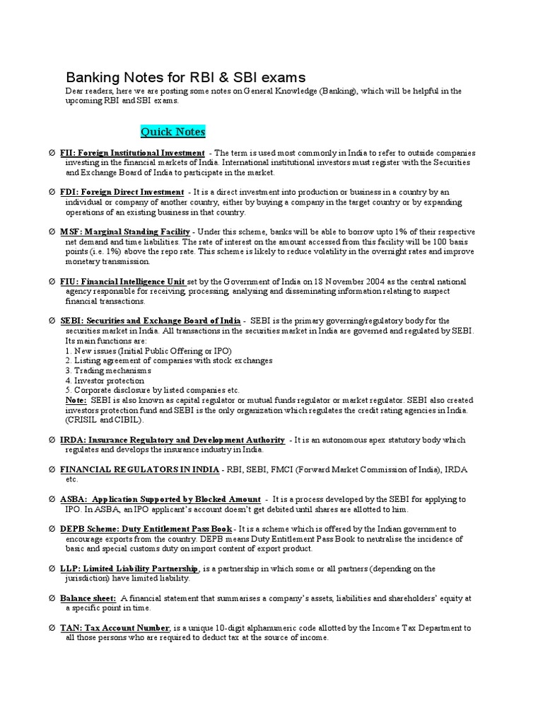 Banking Notes For RBI & SBI Exams | PDF | Loans | Securities (Finance)