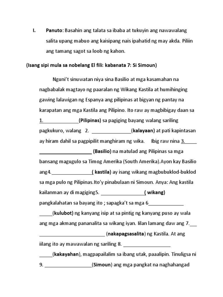 Cloze Test Kabanata 7 | PDF