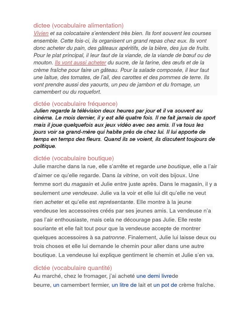 Vocabulaire de la dictée alimentaire | PDF | Nourriture et boisson ...