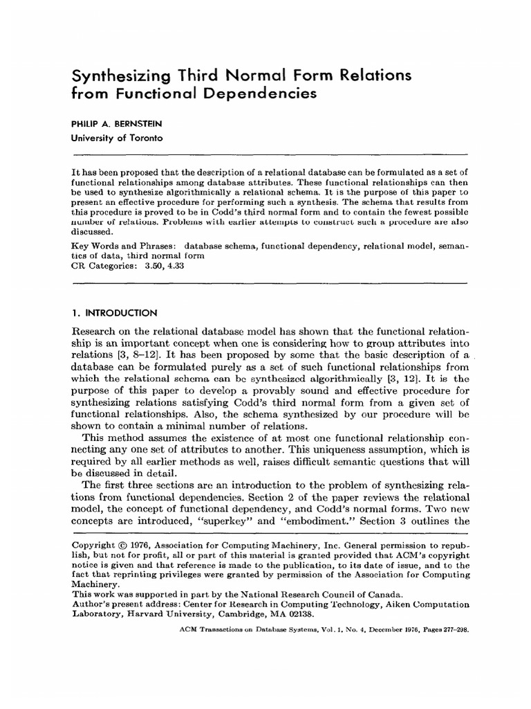 Synthesizing Third Normal Form Relations From Functional Dependencies ... Synthesizing Third Normal Form Relations From Functional Dependencies ...