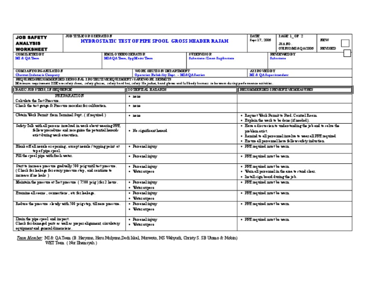 JSA Hydrostatic Test Spool Pipe-1 | Download Free PDF | Engineering ...