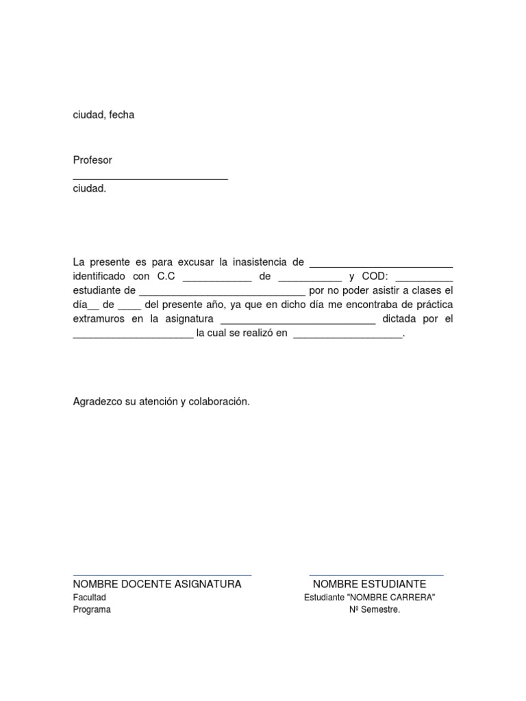 Carta de excusa para profesor estudiante | PDF