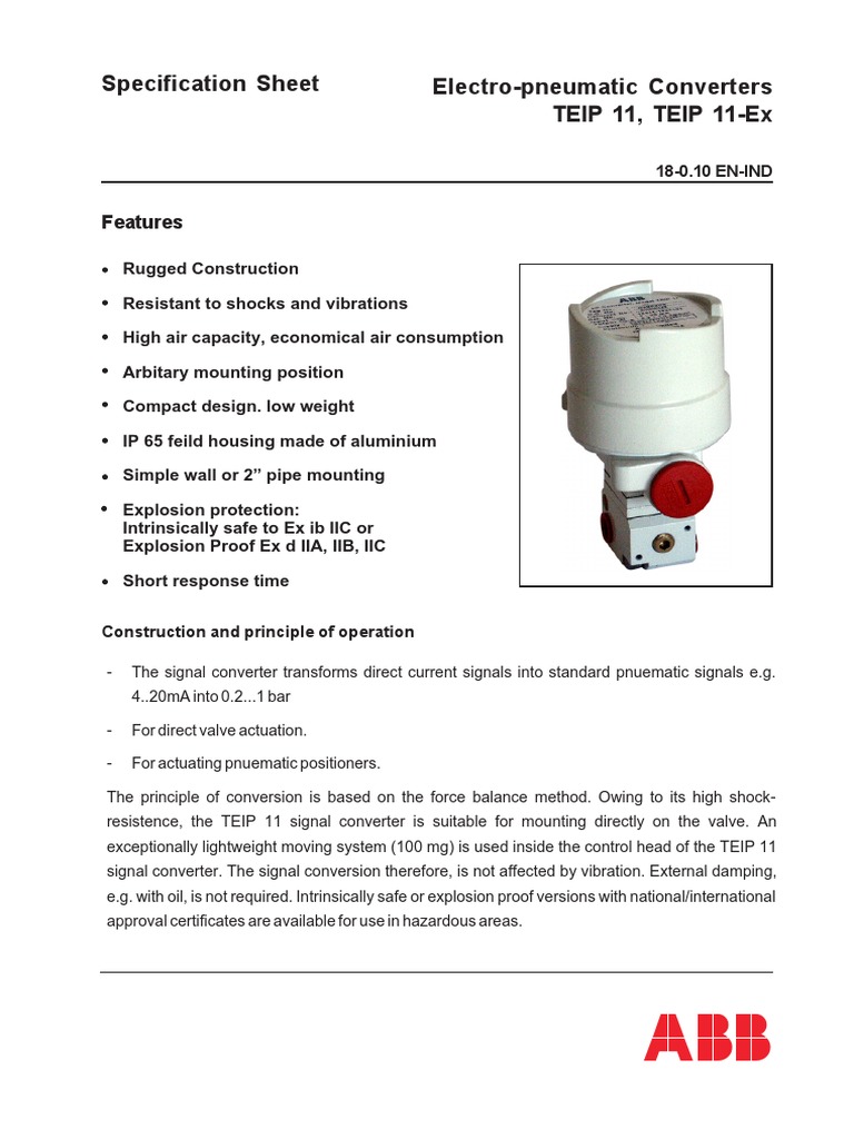 Electro-Pneumatic Converters TEIP 11, TEIP 11-Ex Specification Sheet | PDF