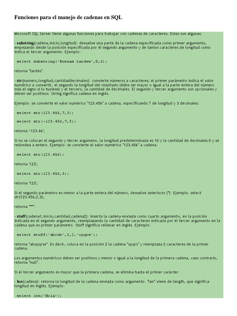 Funciones para El Manejo de Cadenas en SQL | PDF | Cadena (informática ...