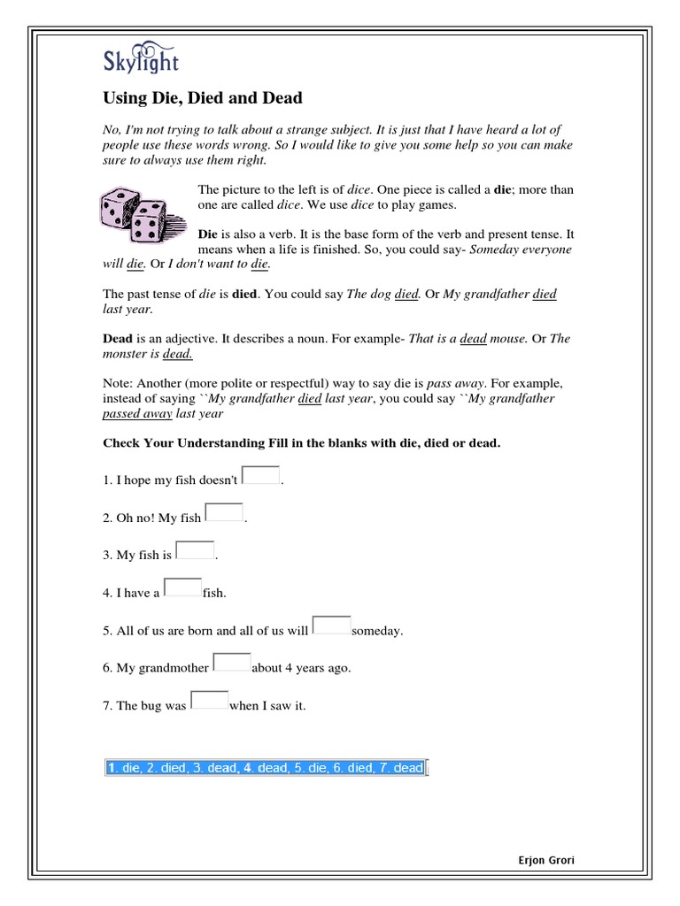 Using Die, Died and Dead English Lessone | PDF
