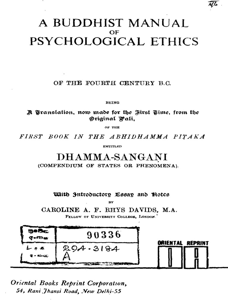 A Buddhist Manual of Psychological Ethics (Dhammasangani) 1975 | PDF ...